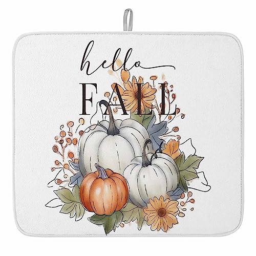 Hello Fall Dish Drying Mat for Kitchen Counter, Thanksgiving Grey Orange Pumpkins Baby Bottle Microfiber Drying Pad, Autumn Sunflower Botanical Absorbent Coffee Cup Dishes Drainer Mats 18"x24", 1 Pcs