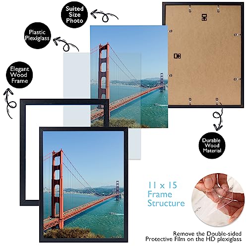 HEYTUYA 11x15 inch Picture Frame Black for Wall Hanging, Poster Frame, Wood Wall Gallery Photo Frame with Durable Shatter Resistant Plexiglas, Black