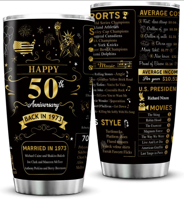 Delsakhula Happy 50th Anniversary Wedding Gifts for Men Women 50th Anniversary Tumbler 50 Years Wedding Gifts for Couple Wife Husband Back in 1973 Stainless Steel Vacuum Insulated Tumbler 20 oz