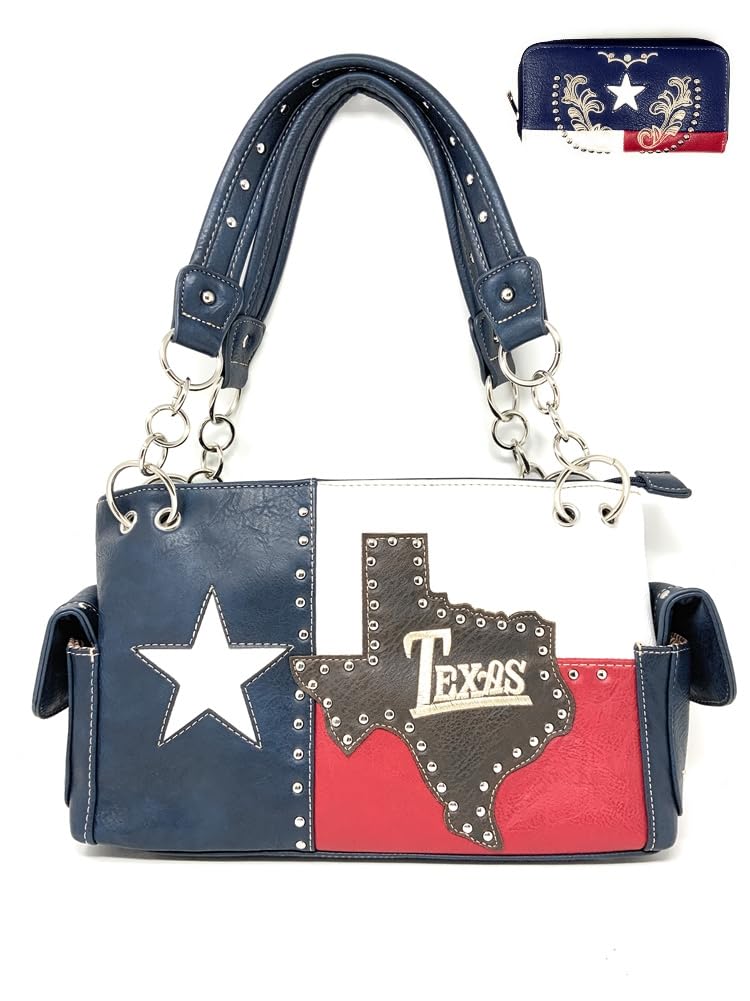 Texas West American Flag Rhinestone Women's Concealed Handbags Purse Wallet Set in Multi-Color (Texas Star Blue)