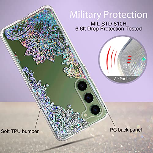 Coolwee Clear Glitter for Samsung Galaxy S23 Plus Case Thin Flower Slim Cute Crystal Lace Bling Sparkle Floral Hard Plastic Cover Back Soft TPU Bumper Protective Mandala Henna Anti Yellowing