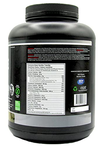 Extreme Mass Vanilla10 lbs (4.54 kg) from Sunshine BioPharma, Mass Gainer Protein Mix Giving The high Calorie, whey, BCAA, creatine, glutamine, Vitamins, Minerals. Improved Formulation, Less Sugar
