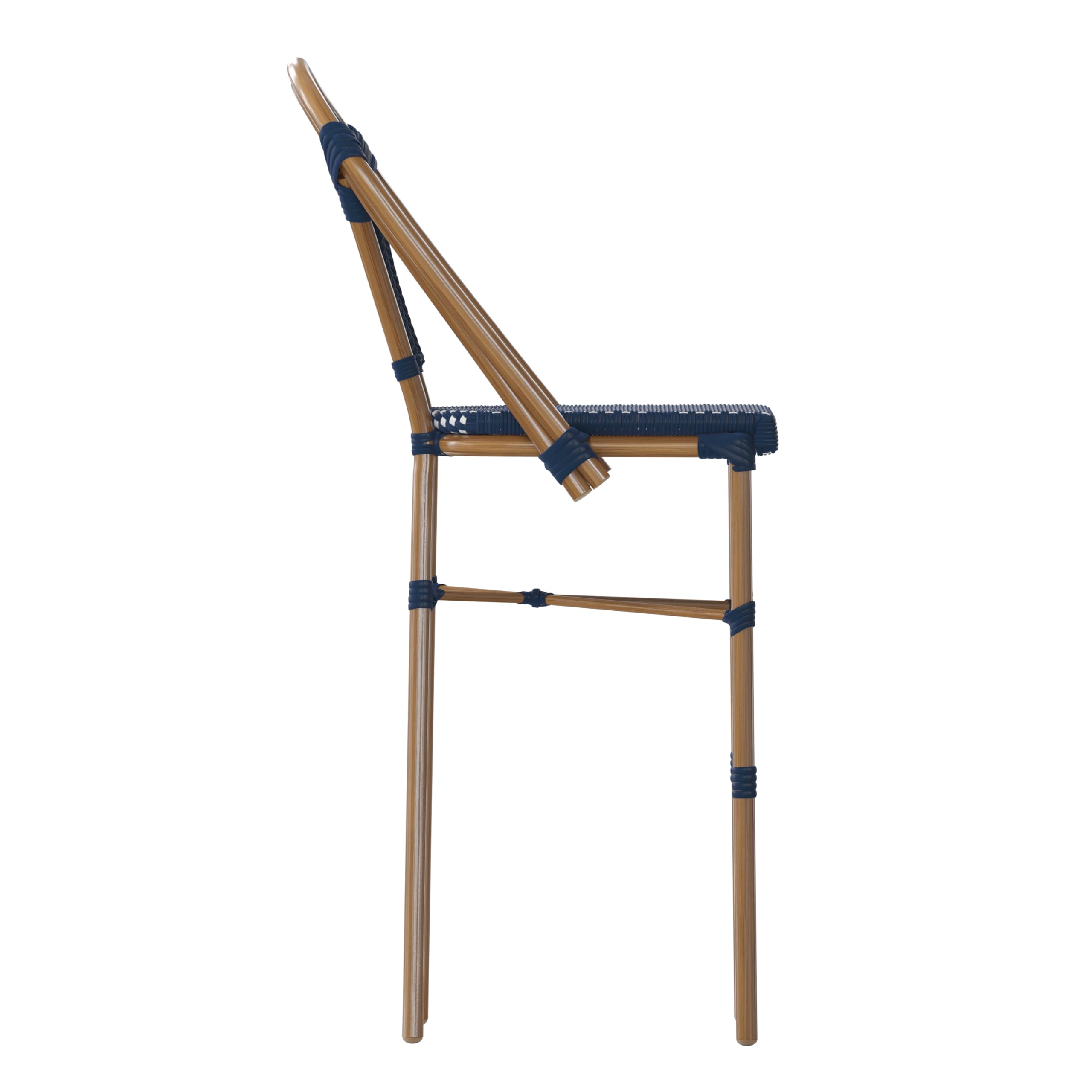 EMMA + OLIVER Soie Bistro Bar Stool - Stacking Indoor/Outdoor PE Rattan Bar Stool with Bamboo Finish Frame - 30" High - Set of Two - Navy/White