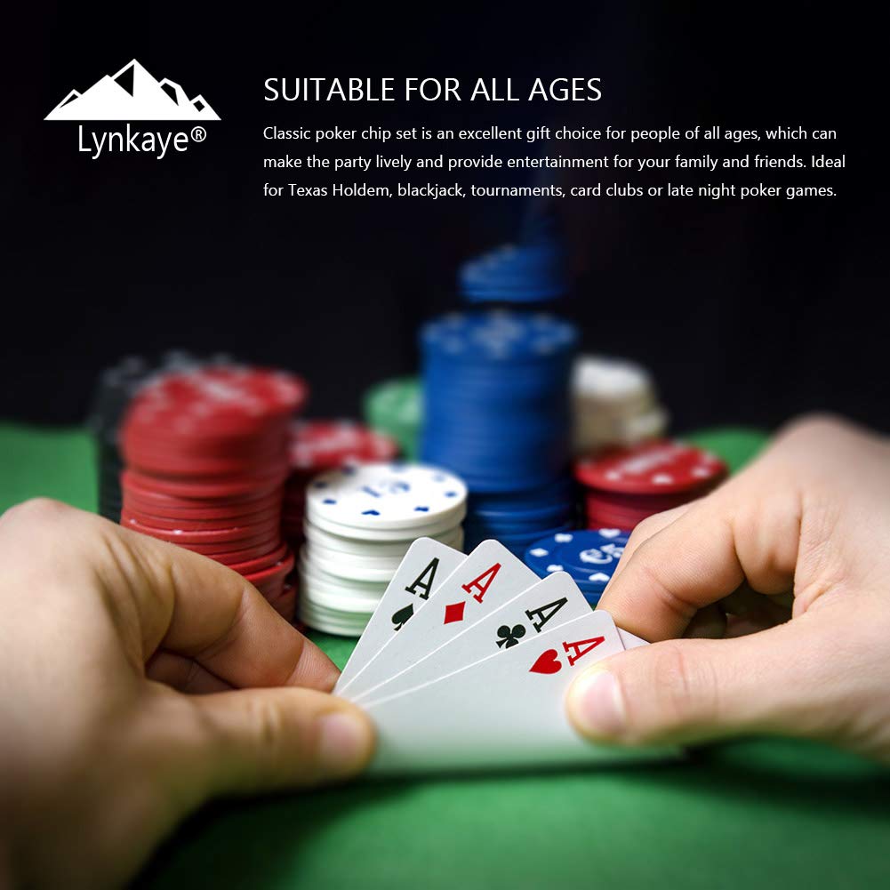 Lynkaye Plastic Poker Chips Set of 100 Pcs with Storage Box,Denomination Printed Casino Style Chip for Texas Home Game Holdem Poker Nights,Blackjack,Roulette Games