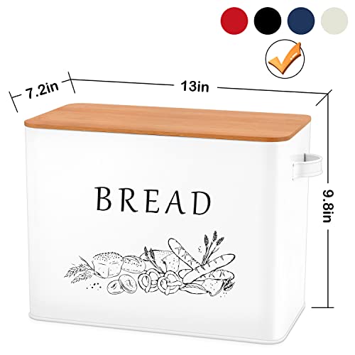 E-far Bread Box for Kitchen Countertop, Metal Bread Storage Container Bin with Bamboo Lid for Cutting Bread, Extra Large & Farmhouse Style, 13β x 7.2β x9.8β, White