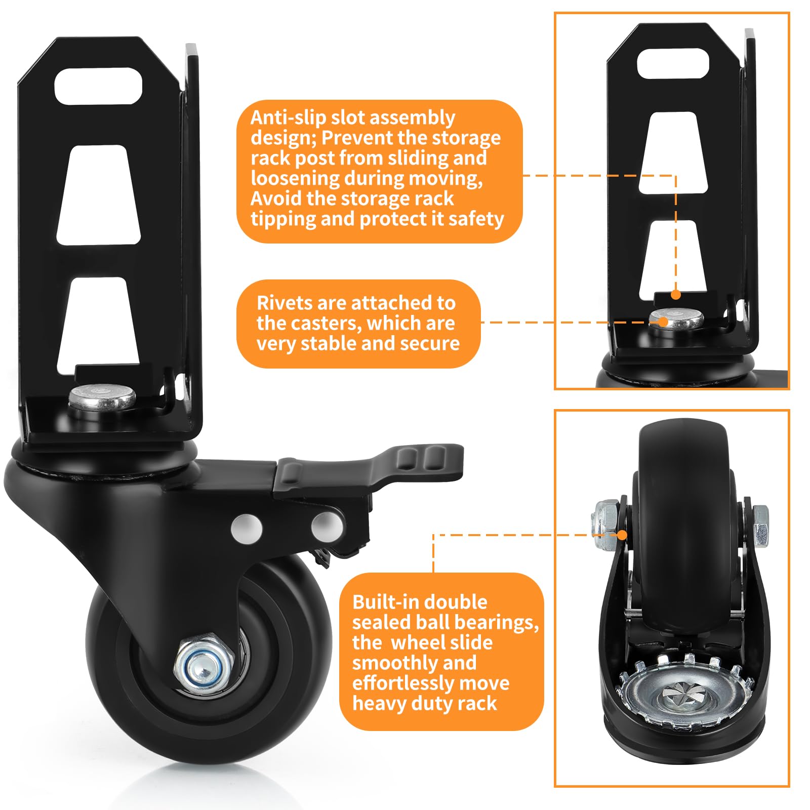Chegulu 3" Storage Rack Caster Wheels, Storage Shelf Accessories Fit to Boltless Self Locking Shelving Racks, Total Load Capacity 1000 Lbs, 4 Pcs