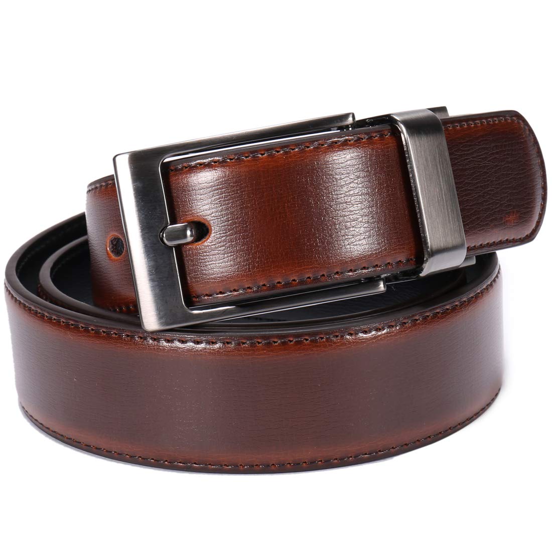 beltox fine Men's Dress Belt Leather Reversible 1.25" Wide Rotated Buckle Gift Box(Black Buckle with Cognac/Black Belt,34-36)