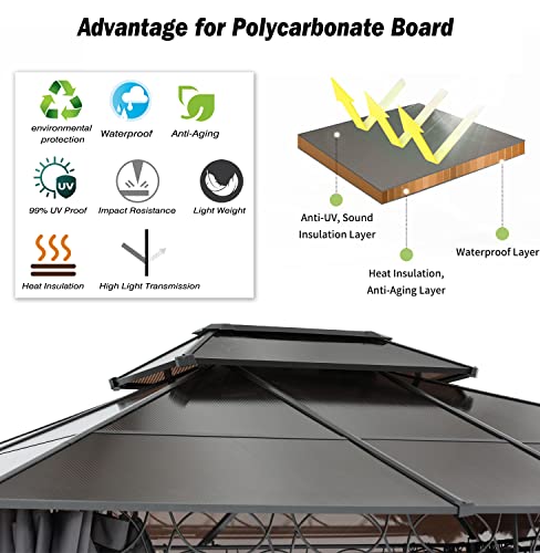 COOSHADE 10×12 Polycarbonate Roof Patio Gazebos Double Vent Waterproof Outdoor Gazebo with Curtains and Mosquito Netting (Dark Grey)