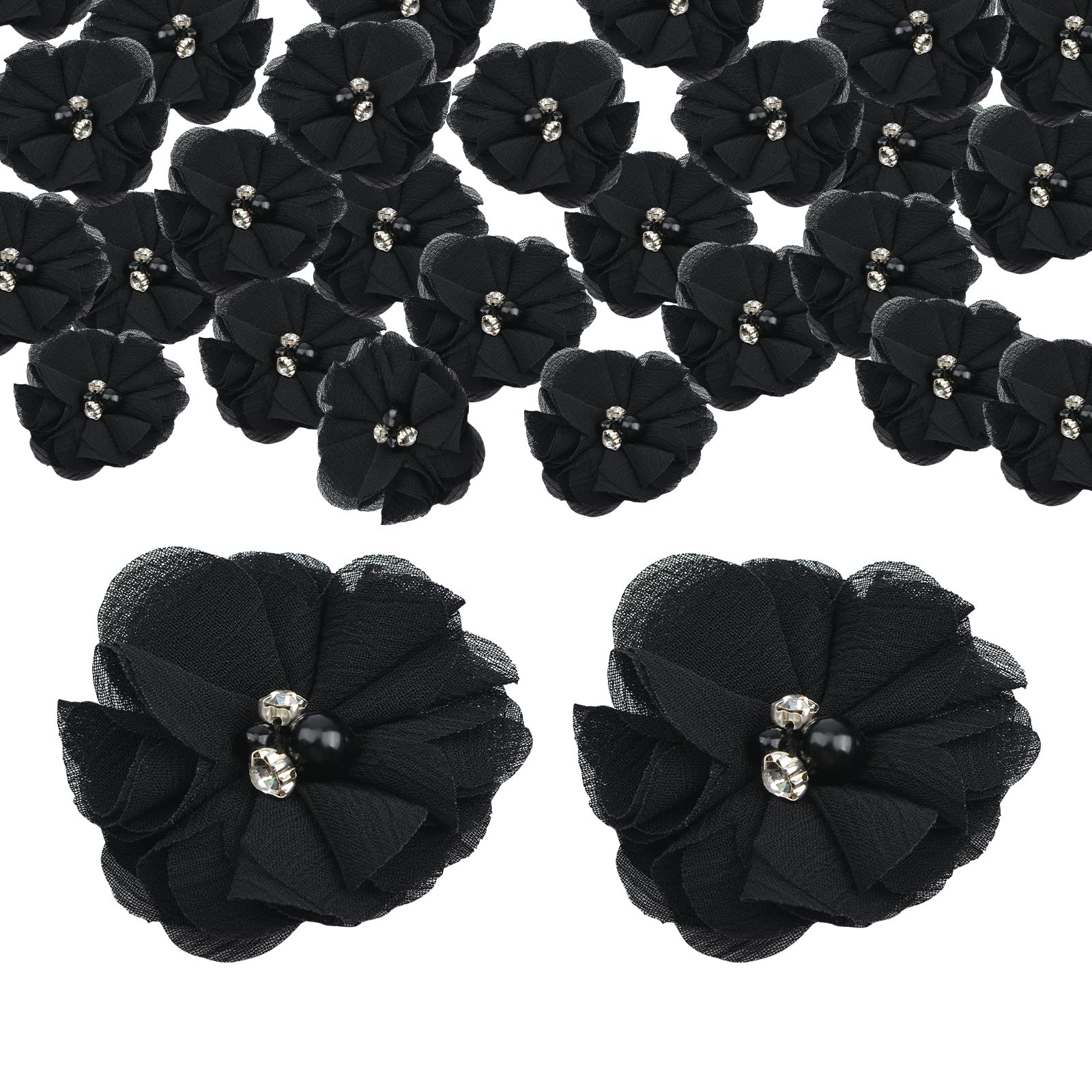 URROMA Chiffon Fabric Flowers for Crafts, 30 Pcs Black Pearl Flower Appliques for Clothes Sew On Fabric Flowers for Headbands DIY Hair Clothes Shoes Accessories