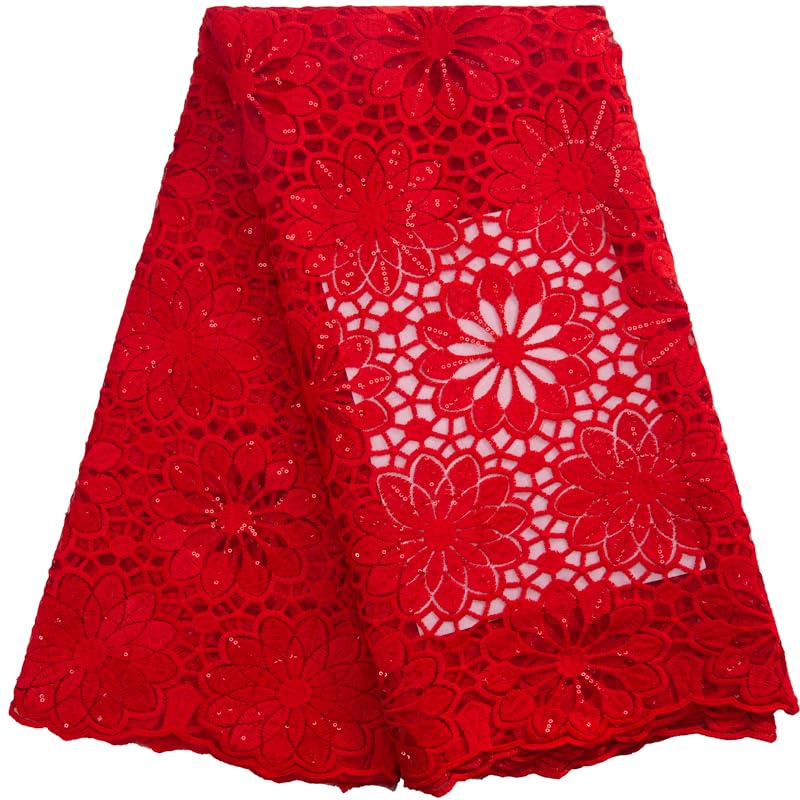 KAJURUI African Lace Fabric 5 Yards, Nigerian Mesh Lace Fabric with Sequins for Daily/Party Sewing