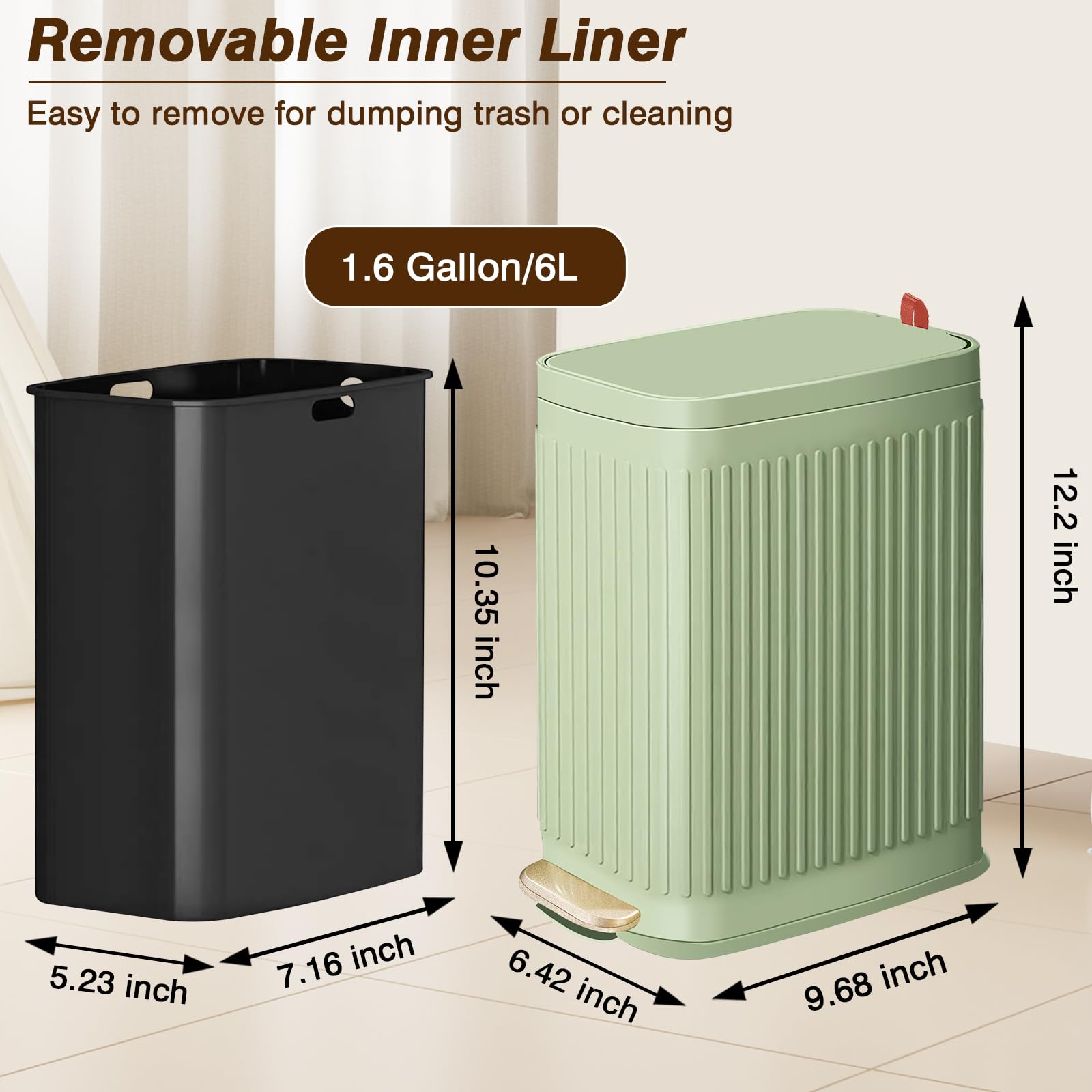 Slim Trash Can for Bathroom with Air Freshener Soft Close Lid, 6 Liter/ 1.6 Gallon Stainless Steel Garbage Can with Removable Inner Bucket,Step Pedal, Small Wastebasket for Bedroom, Kitchen (Green)