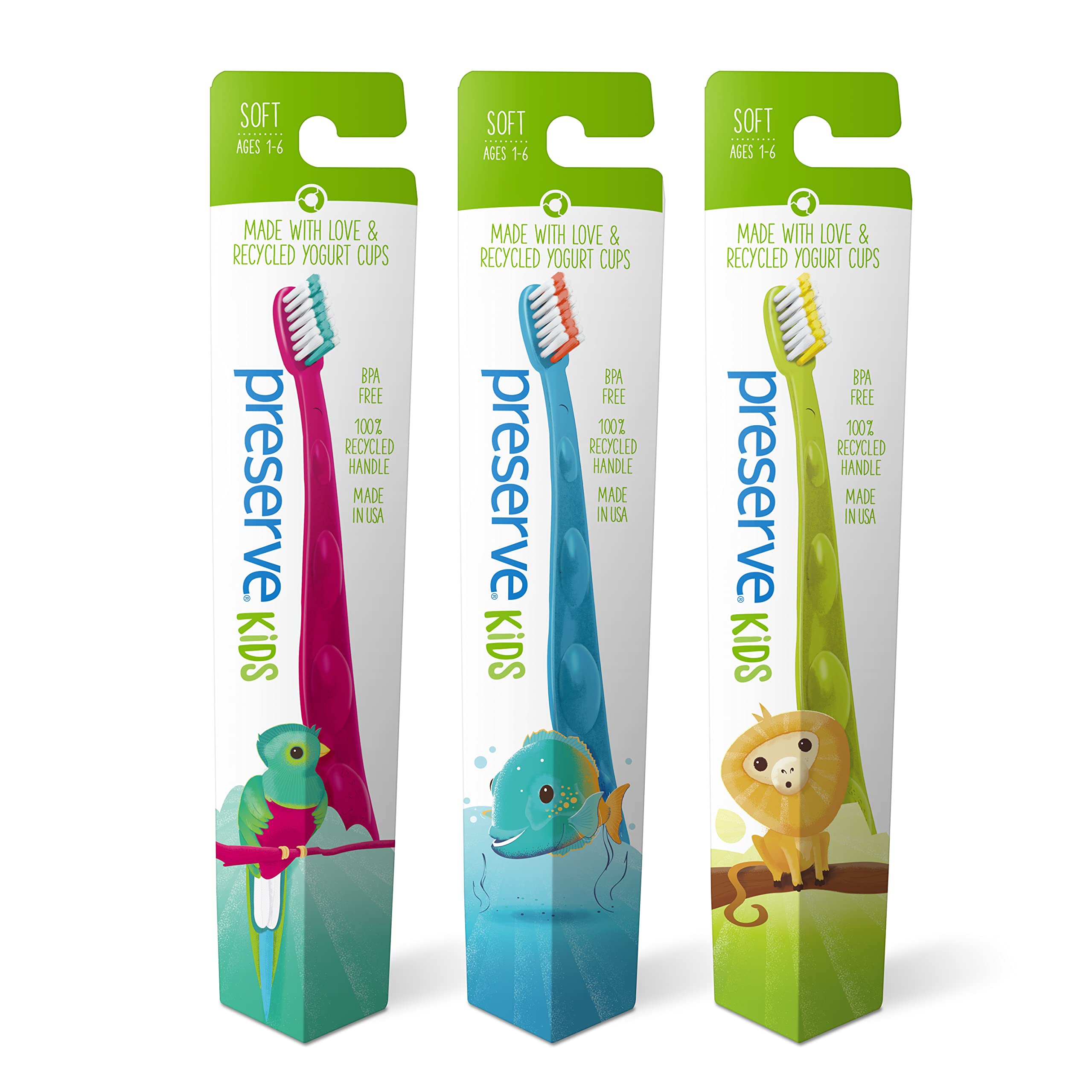 Preserve Kids Toothbrushes, Made in the USA from Recycled Plastic, Soft Bristles, Colors Vary, 1 Count