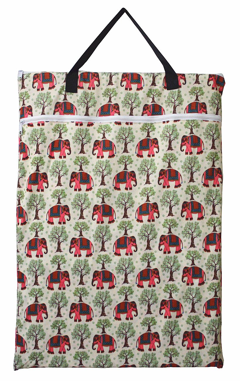 Large Hanging Wet/Dry Cloth Diaper Pail Bag for Reusable Diapers or Laundry (Red Elephant)