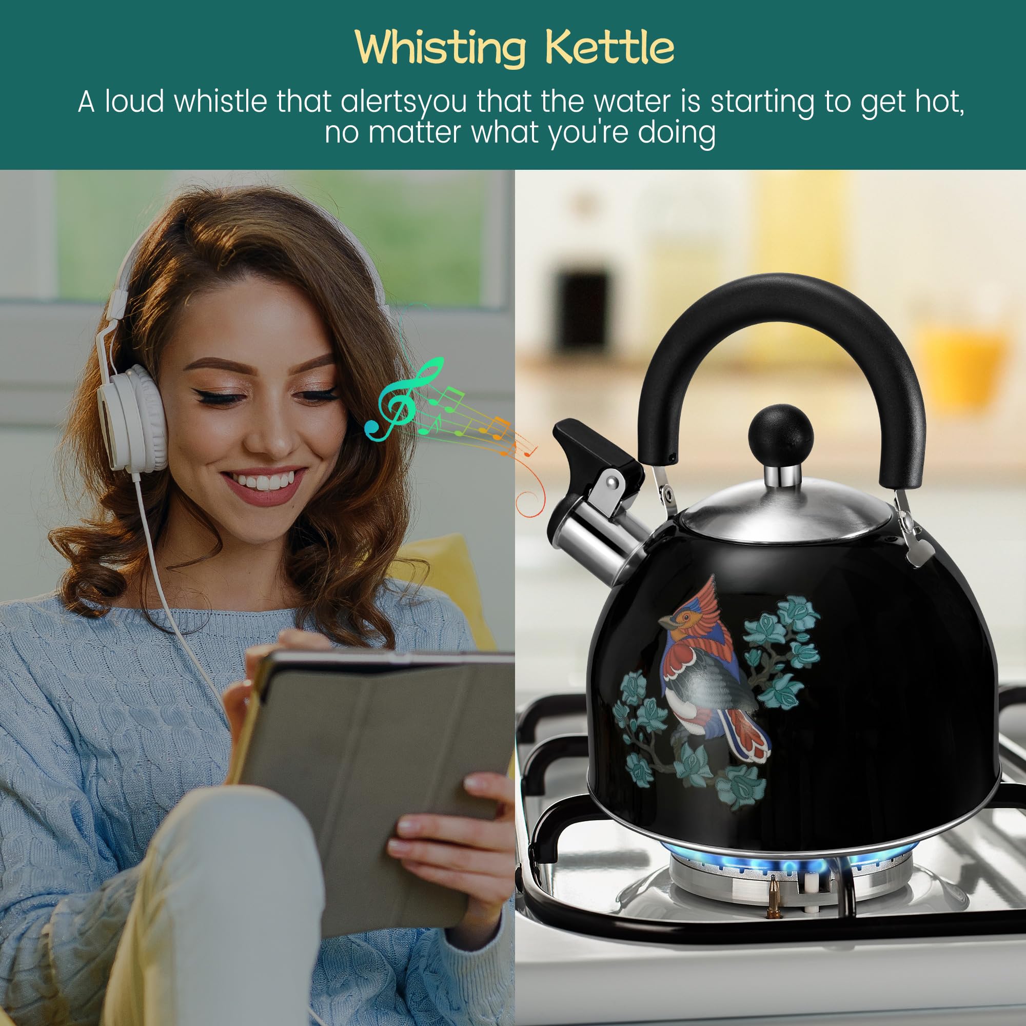 ARC Stainless Steel Whistling Tea Kettle, Magic Color Changing Design 2-Quart Stovetop Kettle Whistle Kettle with Folding Cup & Trivet Mat