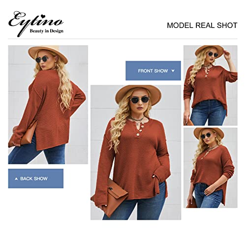 Eytino Womens Plus Size Waffle Knit V Neck Sweater Casual Long Sleeve Side Slit Button Henley Pullover Jumper Top,2X Red