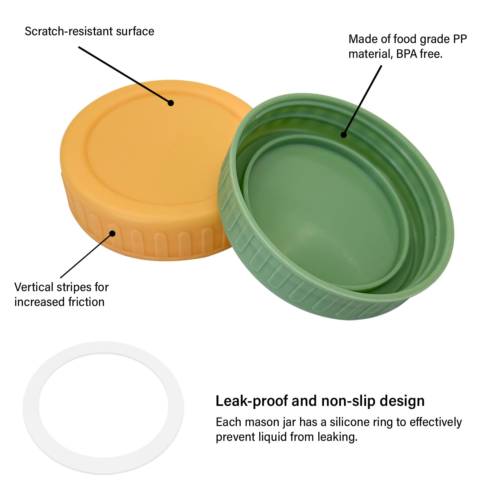 CJPSL Plastic Mason Jar Lids (8PCS) - Macaron Color Mason Jar Lids for Mason Jars, Ball Jars, Kerr Jars, etc. with Silicone Rings,Thickened and leakproof, Reusable Jar Lid Tops. (Regular mouth 70 mm)