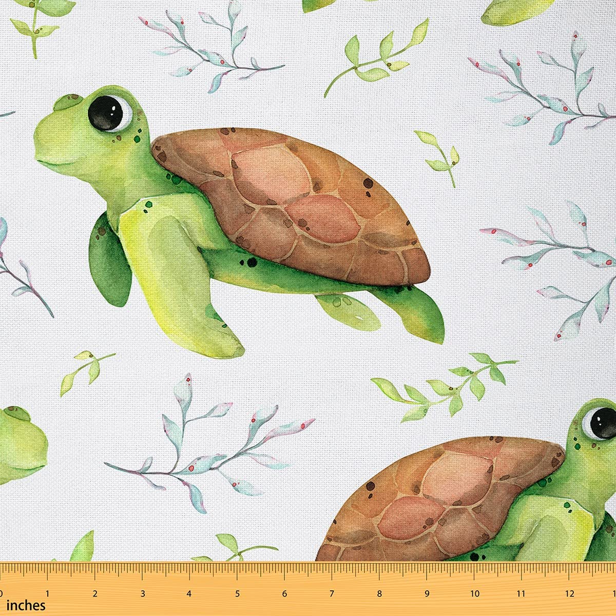 Cute Sea Turtles Fabric by The Yard Watercolor Cartoon Wild Sealife Decor Fabric for Kids Boys Girls Outdoor Natural Leaves Rustic Style Fabric for Bed Outdoor Indoor DIY Projects 1 Yard