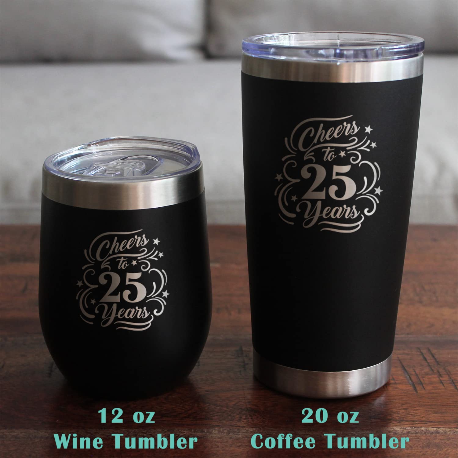 Cheers to 25 Years - Stemless Wine Glass Gifts for Women & Men - 25th Anniversary Party Decor - Large 17 Oz Glasses