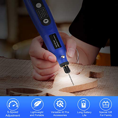 BYWOKY Cordless Rotary Tool, 3.7V Li-ion Mini Power Rotary Tool 5-Speed with 2.0 Ah Battery, Front LED Lights and 42pcs Accessories Kit for Drilling, Carving, Engraving, Sanding, Polishing and Cutting