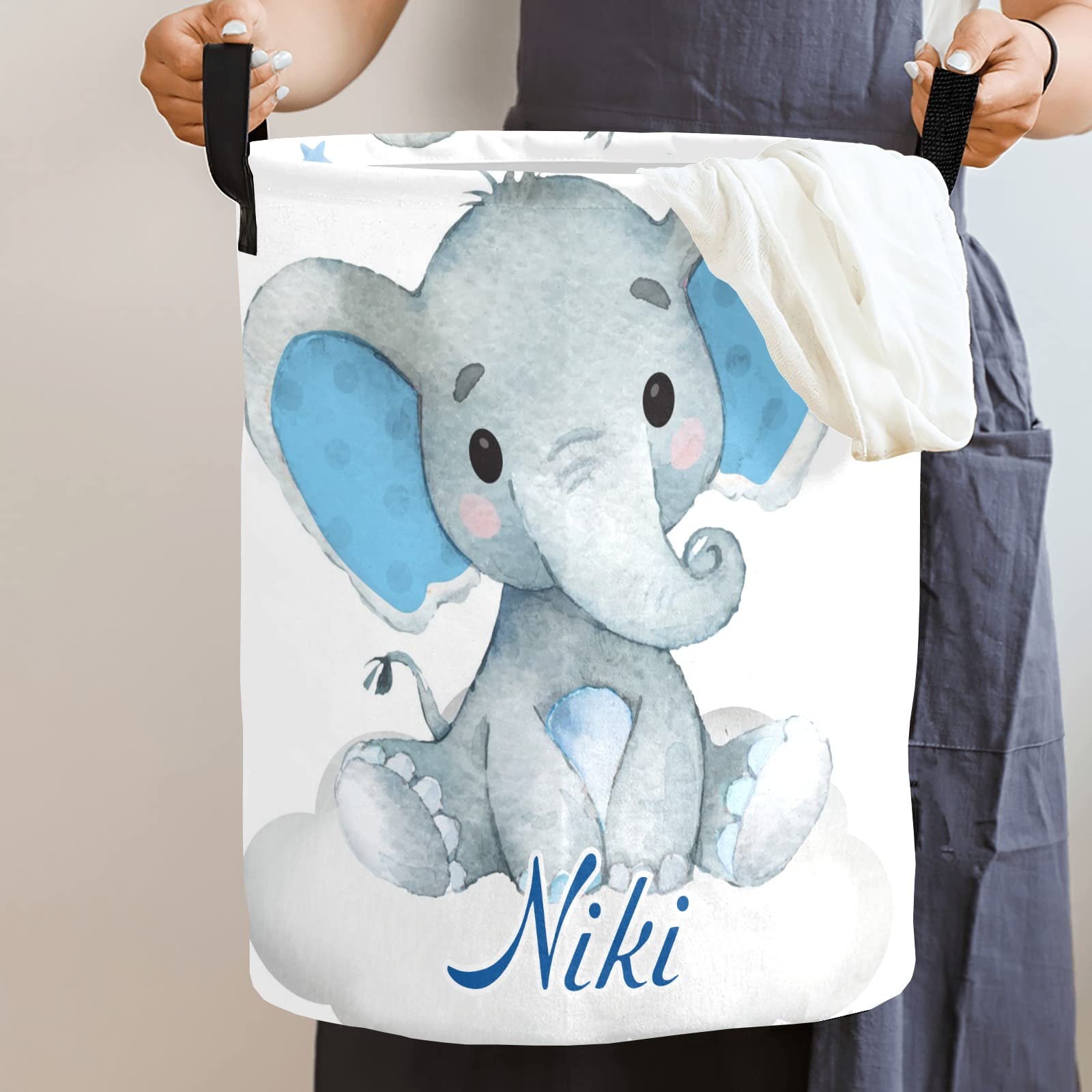 BigBigift Baby Elephant Blue Stras Laundry Hamper Personalized with Name Canvas Waterproof Storage Bin with Handle for Kids Nursery Hamper Gift Baskets Home Organizer, 19.6x14 inch (HxD)