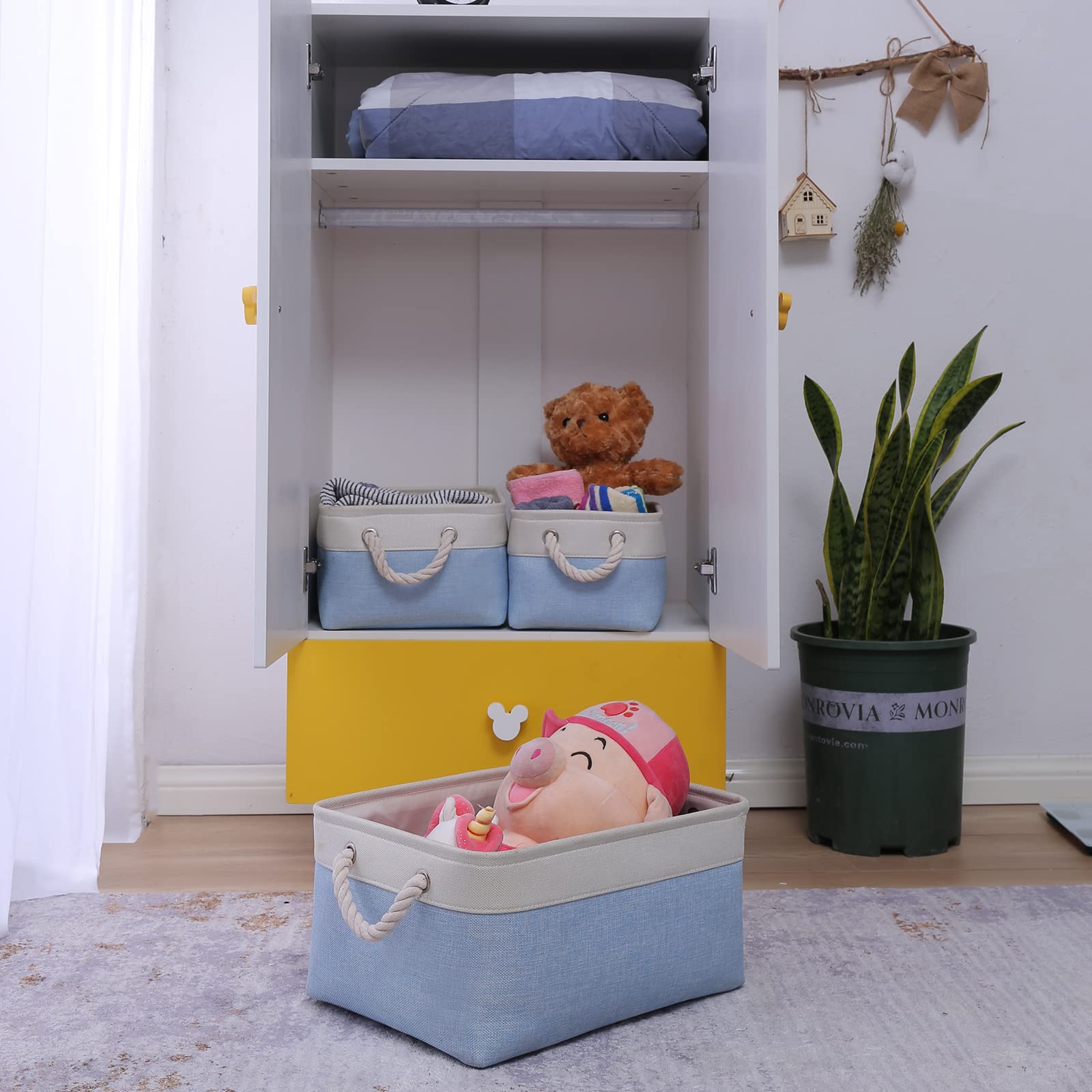 Fabric Storage Basket, Foldable Linen Storage Box for Nursery and Home, Collapsible Canvas Shelf Basket for Wardrobe or Bedroom, Blue and White