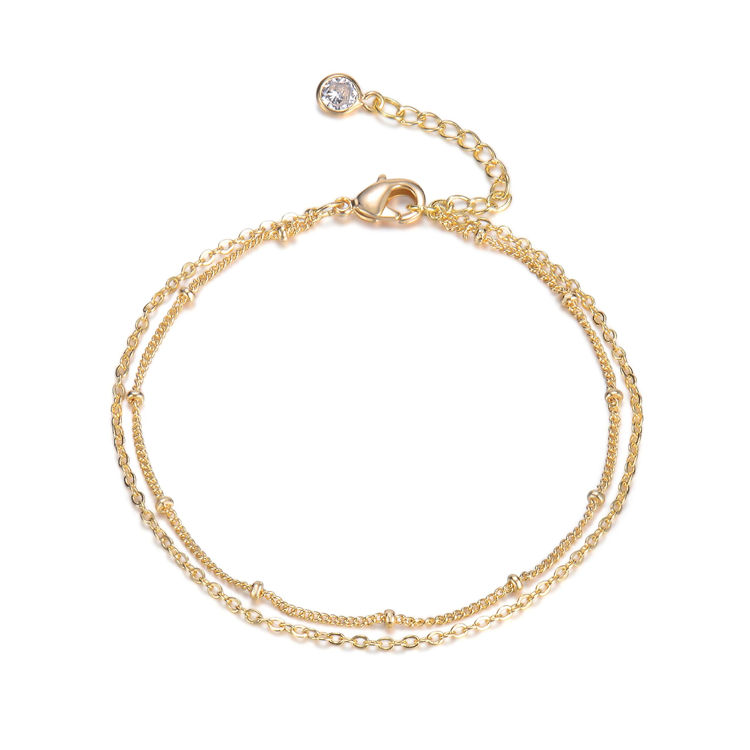 Bemoly Women Dainty Anklet,14K Gold Plated Satellite Anklet Double Layered Cute Beads Chain Tassel Coin Disc Heart Summer Ankle Bracelet Boho Beach Foot Chain