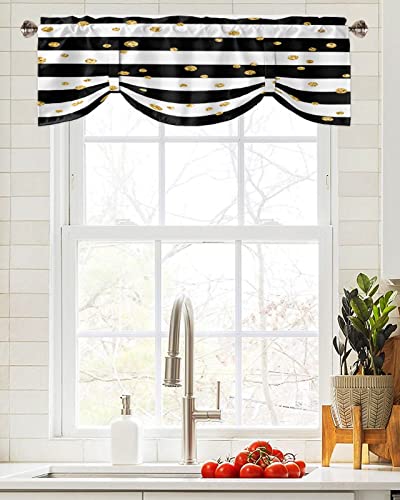Livencher Tie-Up Valance Curtains for Window - Black and White Stripe Gold Polka Dot Kitchen Valance - Light Filtering Valance Curtains Short Curtains with Adjustable Tie 42"x12"