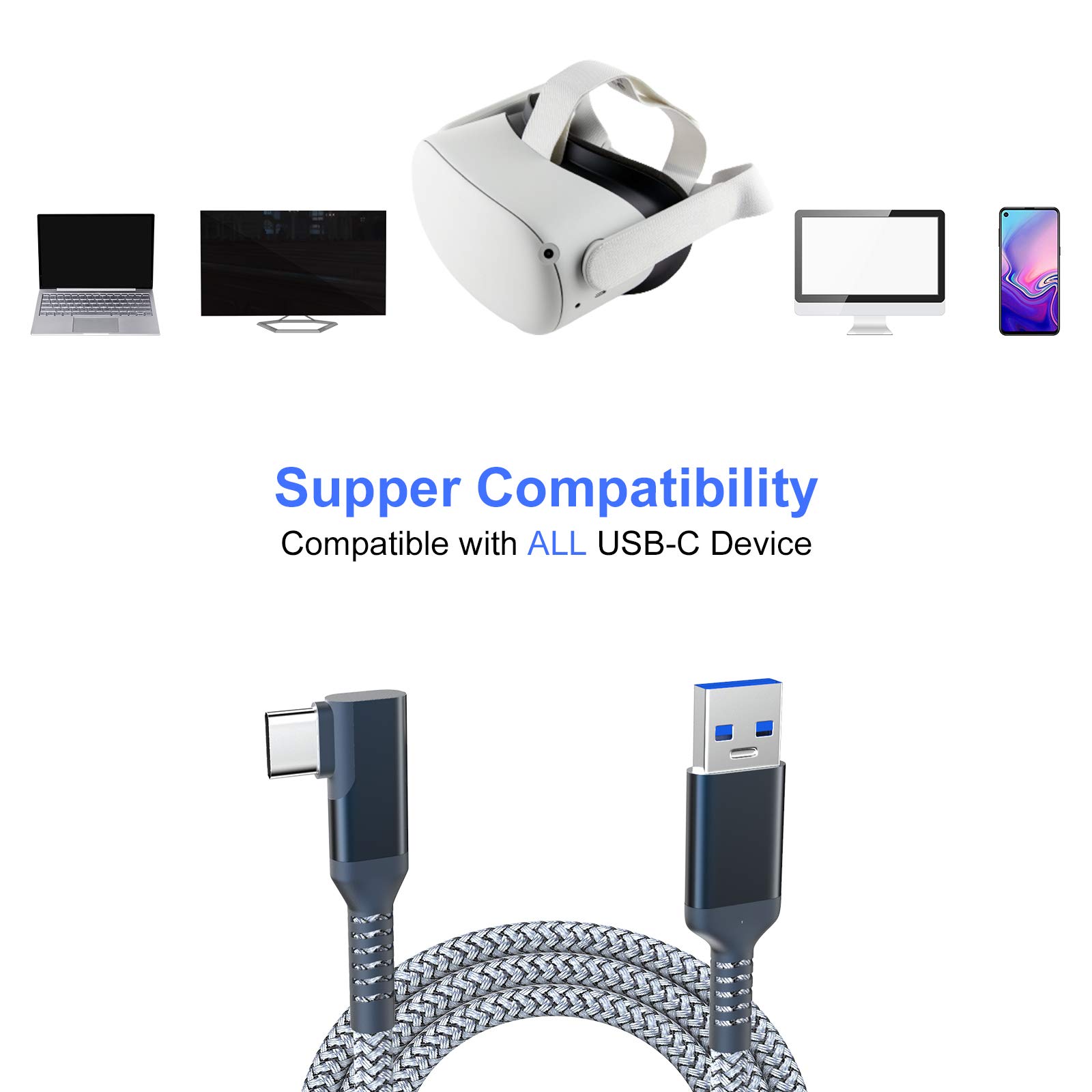 Link Cable Compatible with Oculus Quest 2 (16ft/5m), Quest Link Cable Replacement for Quest/Rift S, High Speed Data Transfer Charging Nylon Braided Cord Compatible for Oculus Quest Headset & Gaming PC