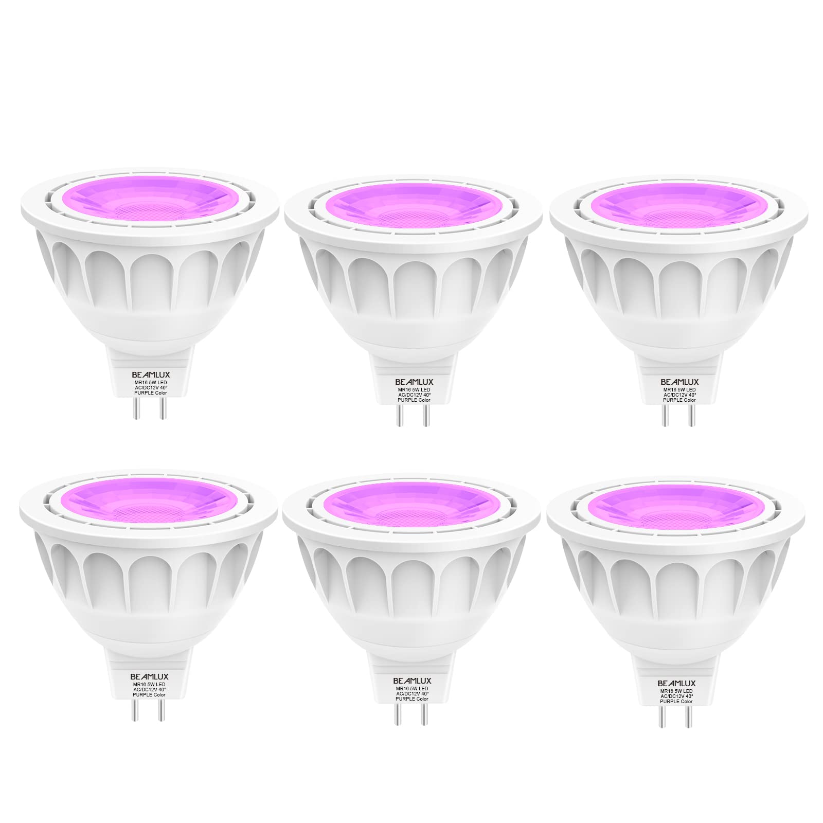 BEAMLUX Purple color MR16 LED Bulbs, Gu5.3 Bi-Pin Base, Non Dimmable, 50W Halogen Replacement, Spotlight for Outdoor Landscape Yard Garden Tree Pool Holiday Lighting, AC/DC12V, 40 Deg, 6-Pack