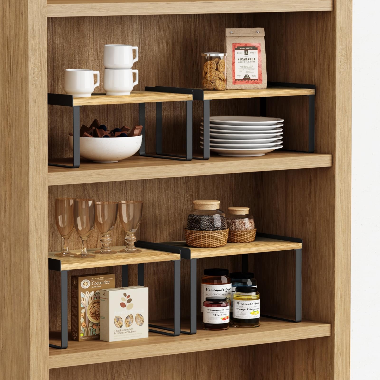 Goozii Kitchen Cabinet Organizer Shelves Set of 4, Expandable Counter Shelf Rack for Plate Dish Cup Mug Spice, Stackable Shelf Riser for Pantry Cupboard Desk Top Corner Storage (Bamboo, Black)