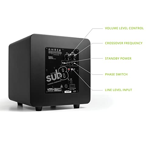 Kanto sub8 Powered Subwoofer – 8” Paper Cone Driver — Powerful Bass Extension – Matte Black