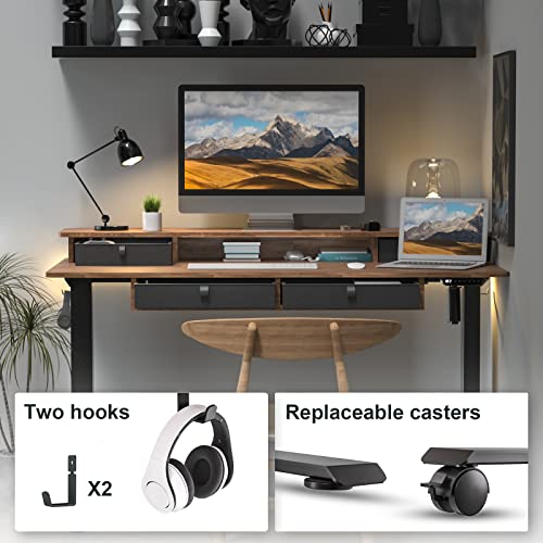 ExaDesk Electric Standing Desk with 4 Drawers, 55 x 30 Inches Adjustable Desk with Storage Shelf, Stand Up Desk for Home and Office, Rustic Brown Top/Black Frame