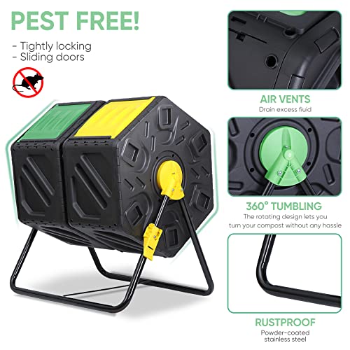F2C Dual Chamber 37 Gallon Compost Tumbler All-Season Outdoor BPA Free Large Composter Bin w/ 2 Sliding Doors and Solid Steel Frame (37 Gallon)