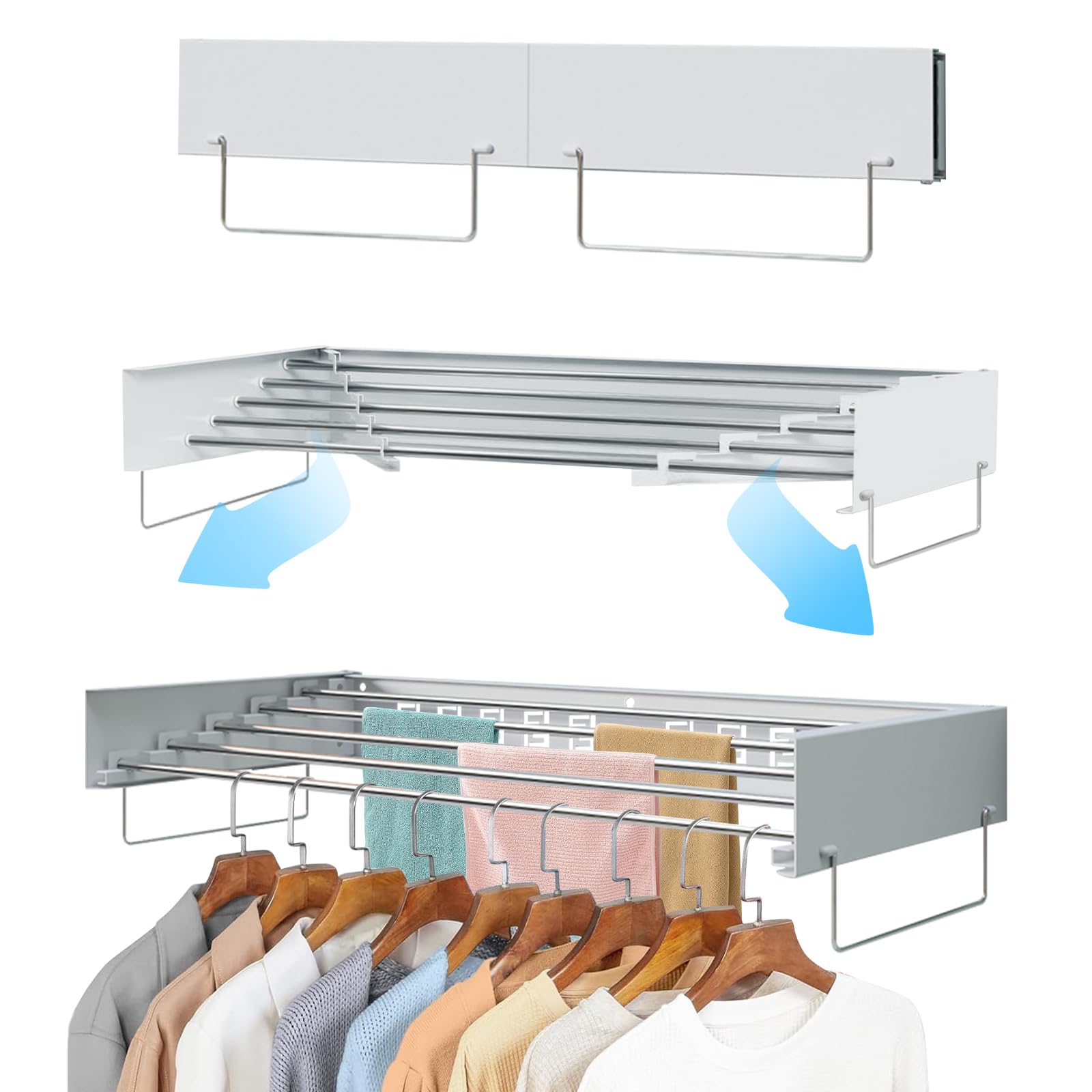 CROSDE Clothes Drying Rack Foldable, Wall Mounted Retractable Clothing Laundry Rack, Space Saving Heavy Duty Hanger Dryer Rack for Indoor Outdoor, 110 lb Capacity (Silver 32'')
