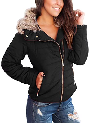Dokotoo Womens Casual Ladies Winter Faux Fur Collar Zip Up Open Front Quilted Puffer Jacket Coat Outerwear with Pockets Black Small