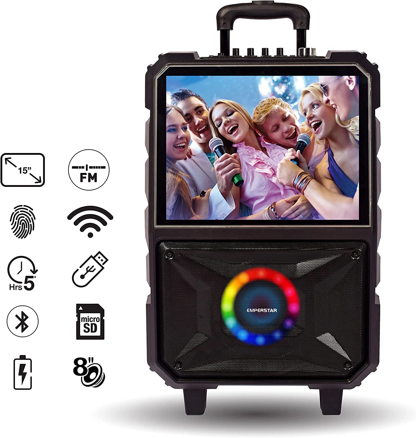 Professional Karaoke Machine with Lyrics Display, Bluetooth Portable Singing PA Speaker System for Christmas Party, Built-in 15" Tablet, LED Lights, 2 Wireless Microphones, USB, AUX, SD & FM Radio
