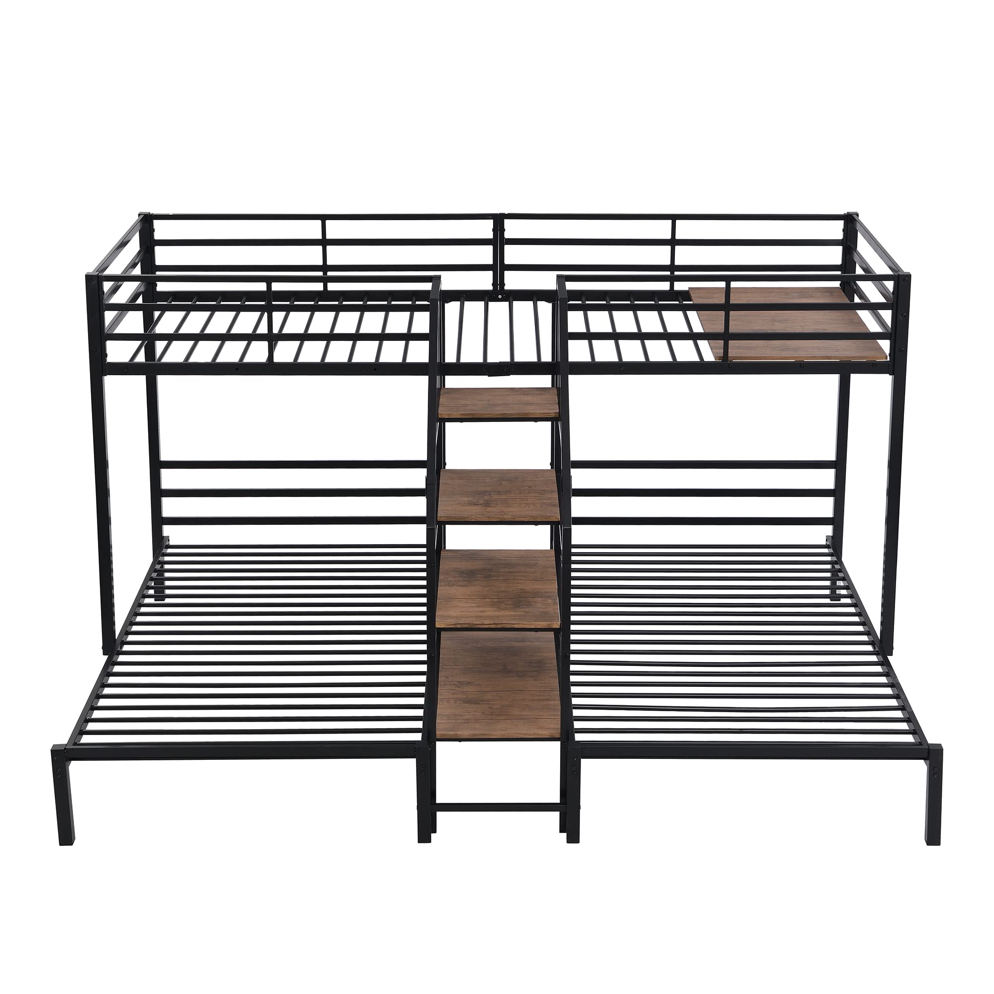 Polibi L-Shaped Twin Size Metal Triple Bunk Bed with Storage Shelves Staircase, Twin Over Twin & Twin Triple Bunk Beds, Black