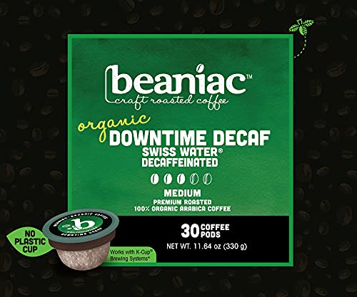 beaniac Organic Downtime Decaf Swiss Water Decaffeinated, Medium Roast, Single Serve Compostable K Cup Coffee Pods, Organic Arabica Coffee, Keurig Brewer Compatible, 30 Count