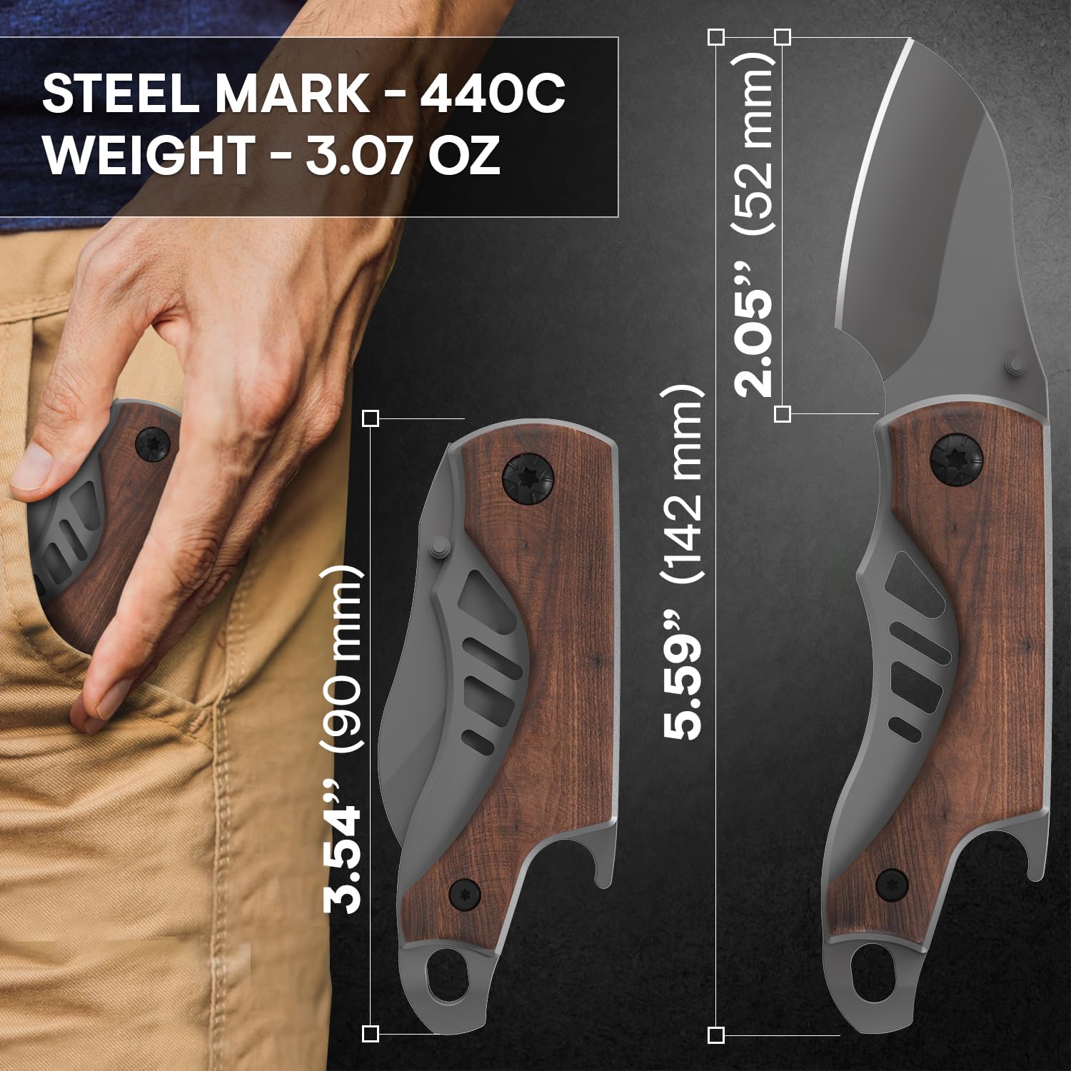 Small Pocket Knife for Men - 5.7ββ Keychain Knife with Bottle Opener - Box Cutter - Wood Handle - Liner Lock - Legal Mini EDC Folding Knife - Cool Sharp Tiny Knives - Gift for Everyone 6779N