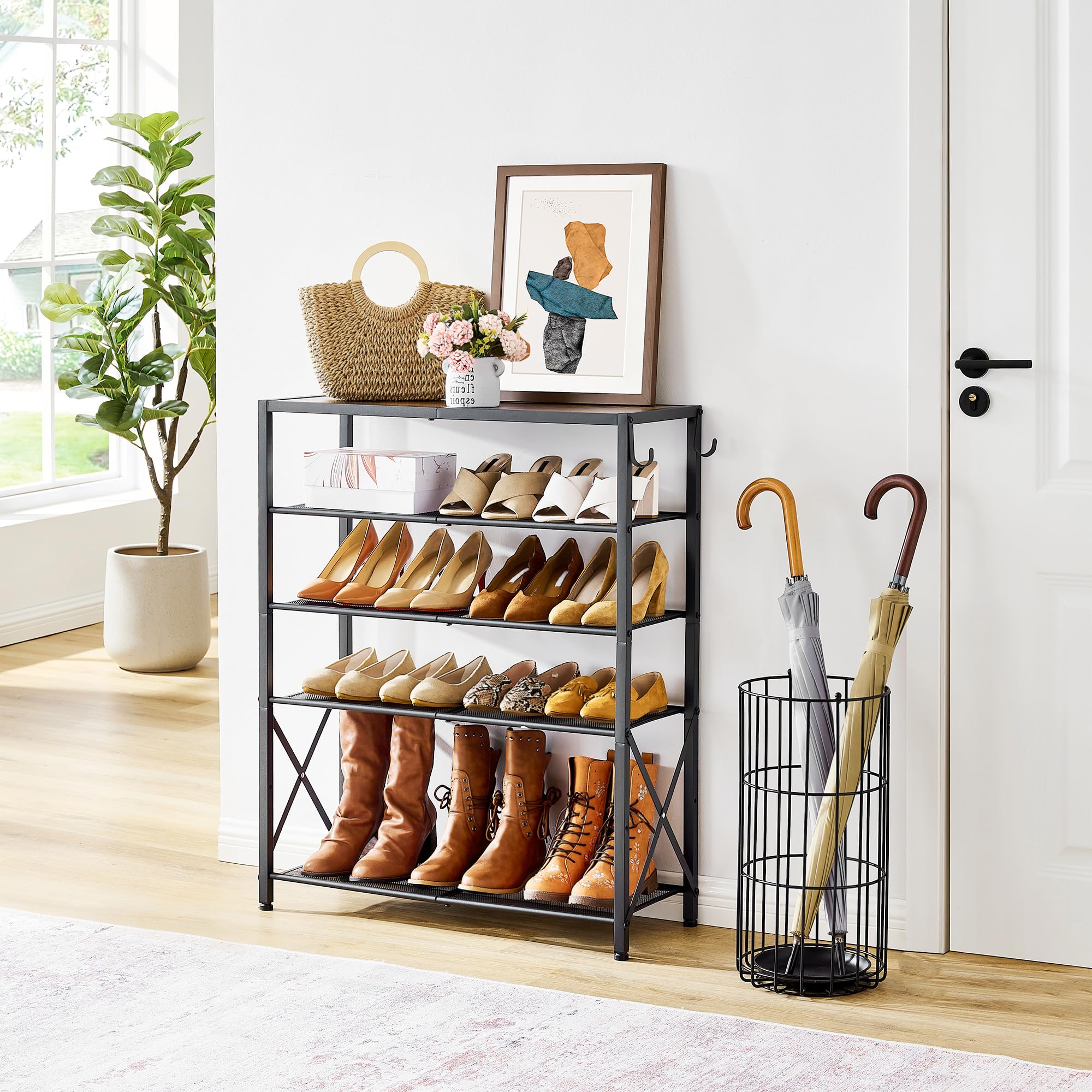 Tajsoon 5 Tier Shoe Rack Organizer for 16-20 Pairs of Shoes, Front Door Shoe Rack with 2 Hooks, Metal Mesh Shoe Shelf for Entryway, Shoe Storage with X Shape Fixed Frame, Rustic Brown & Black