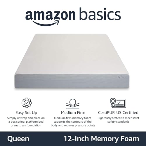 Amazon Basics Memory Foam Mattress, Soft Plush Feel, 12 Inch, King, White/Grey