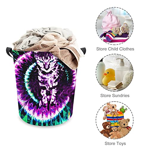 Colorful Kitten Laundry Hamper Round Canvas Fabric Baskets with Handles Waterproof Collapsible Washing Bin Clothes Bag