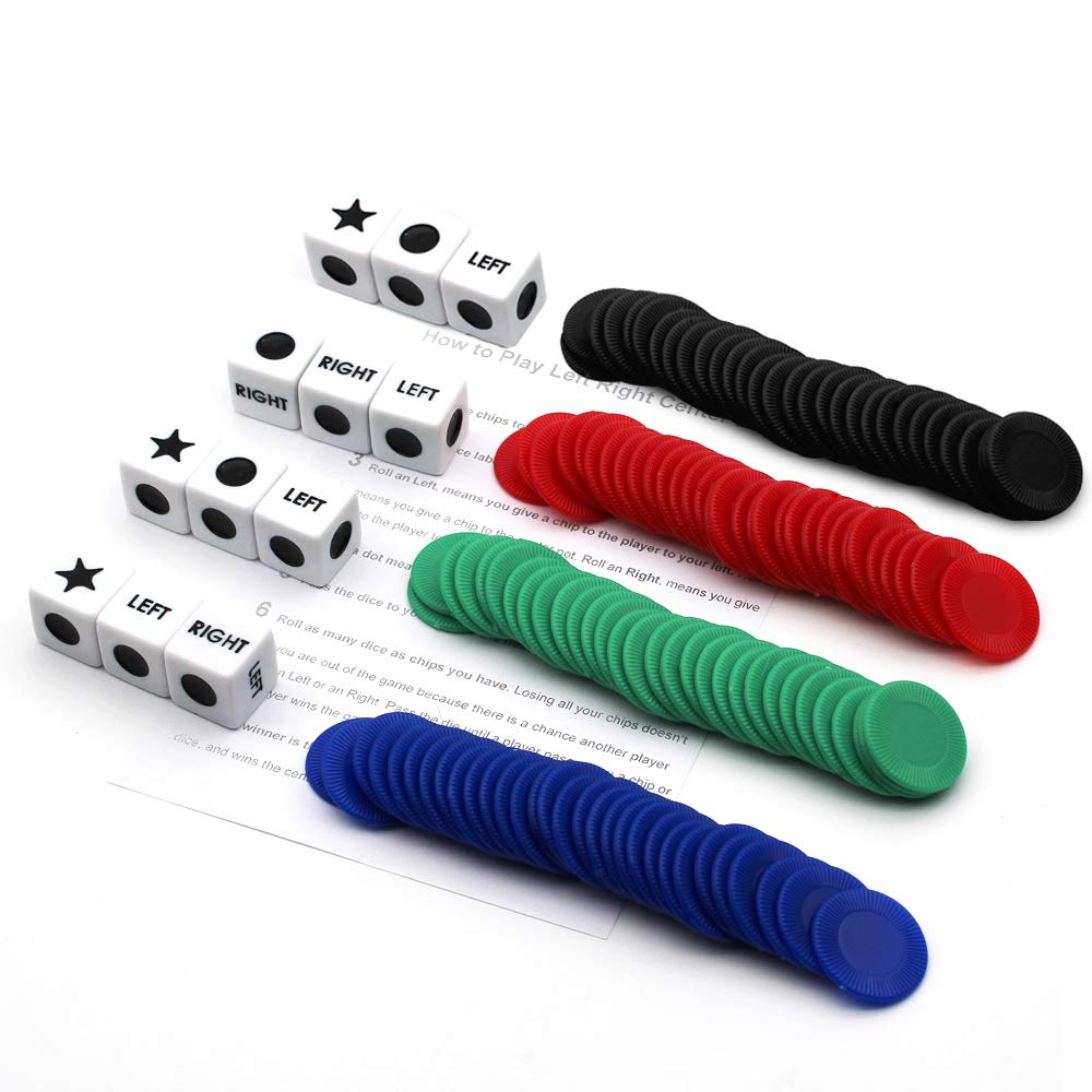 Spidfee Rigth Left Center Dice Game Set with 3 Dices + 36 Chips - 4 Sets Assorted Colors - (4 Pack)