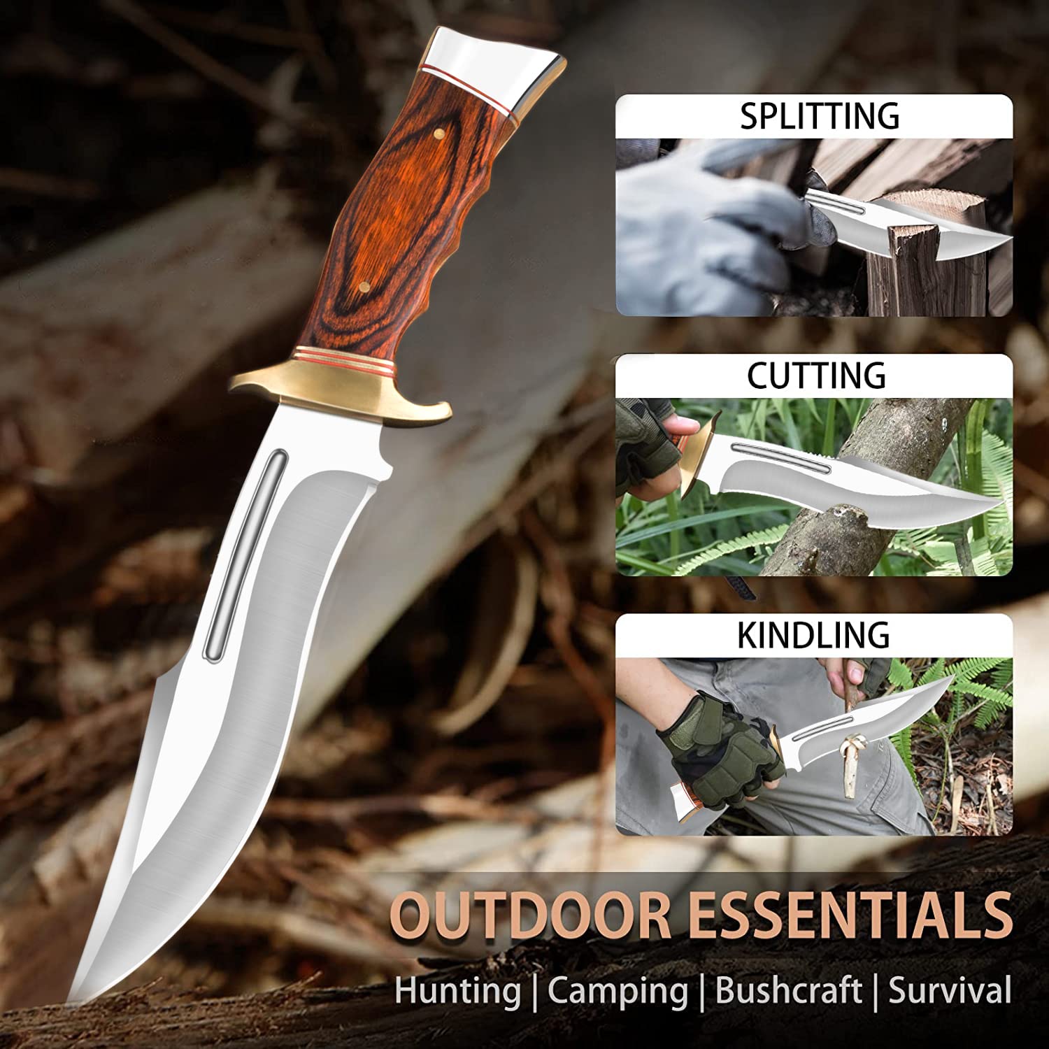 Bowie Knife with Sheath Full Tang Fixed Blade Hunting Knife 12 inches, Knife for Tactical, Survival, Camping, Christmas Gift