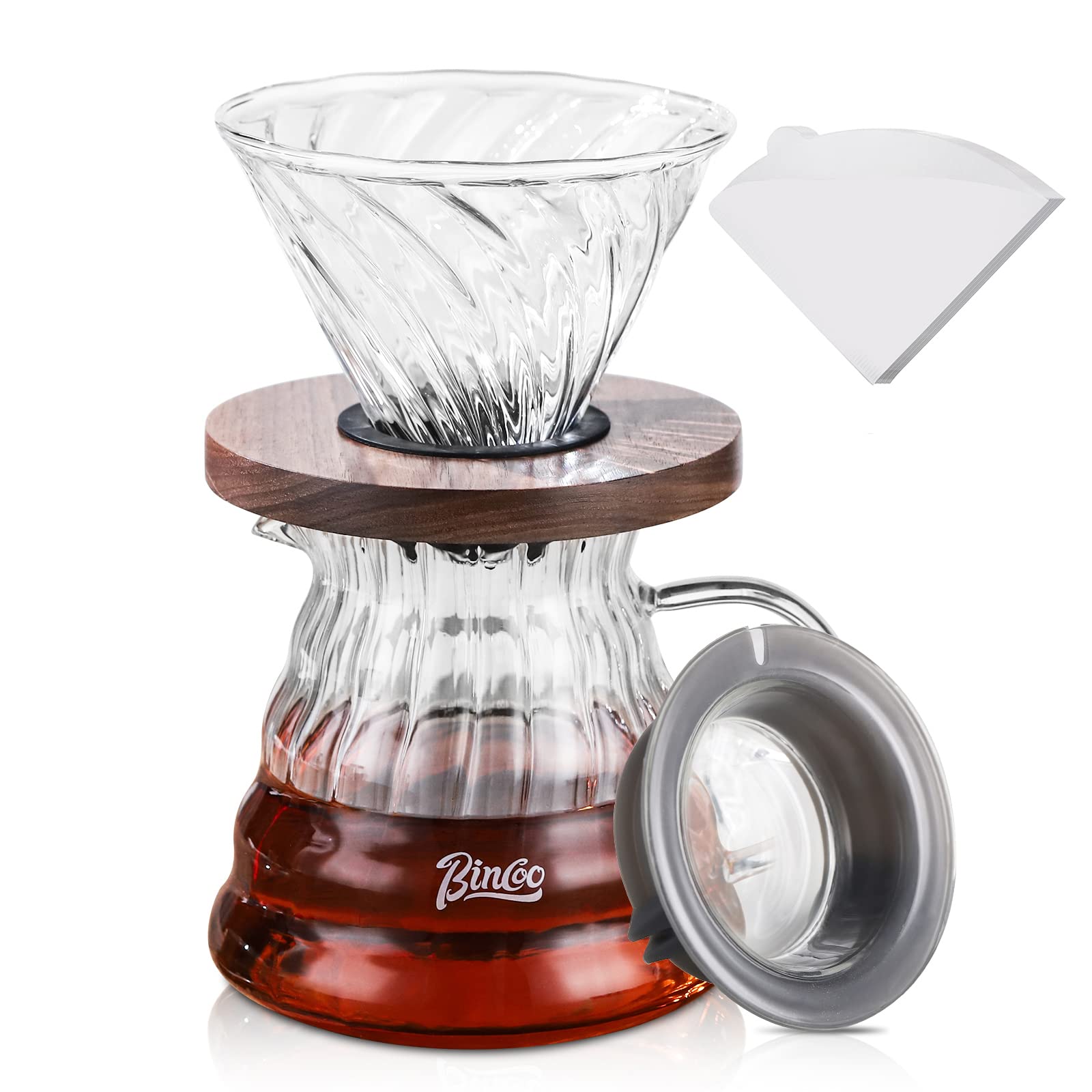 Bincoo Pour Over Coffee Maker Set with Dripper Size 02,600ml Glass Coffee Server Set,V60 Glass Coffee Dripper with Wood Stand Filter Paper for Home Office Gift(Transparent)
