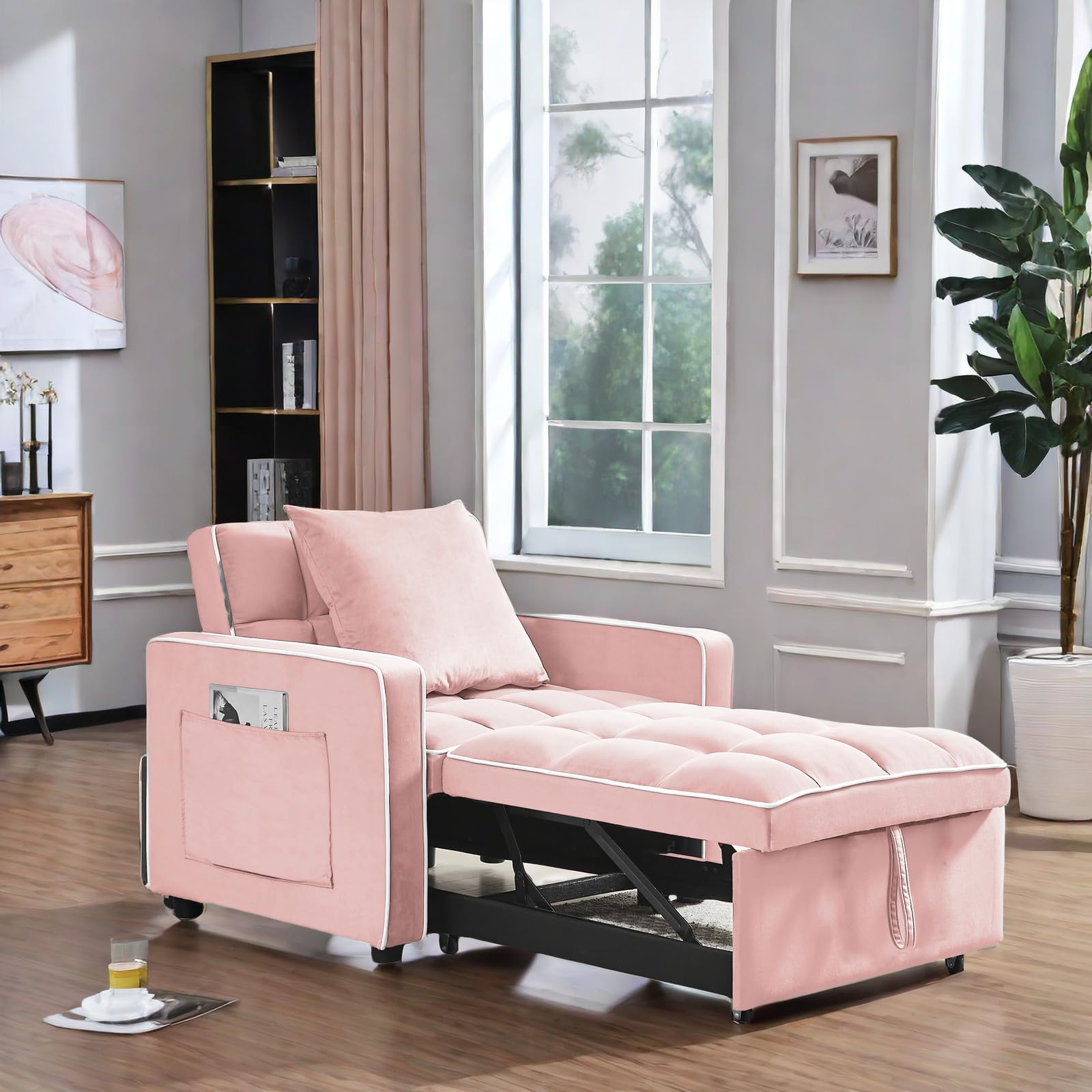 ChicFurnit Sofa Bed, Three-in-One Couch Chair with Upholstered Adjustable Curved Backrest & Pillow Top Arms, Velvet Folding Sleeper Sofa Bed with Side Pockets & Throw Pillow for Living Room, Pink