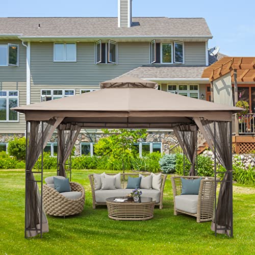 HAPPATIO 10' X 12' Patio Gazebo with Ventilation Double Roof,Outdoor Gazebo with Mosquito Netting for Lawn, Garden (Light Brown)
