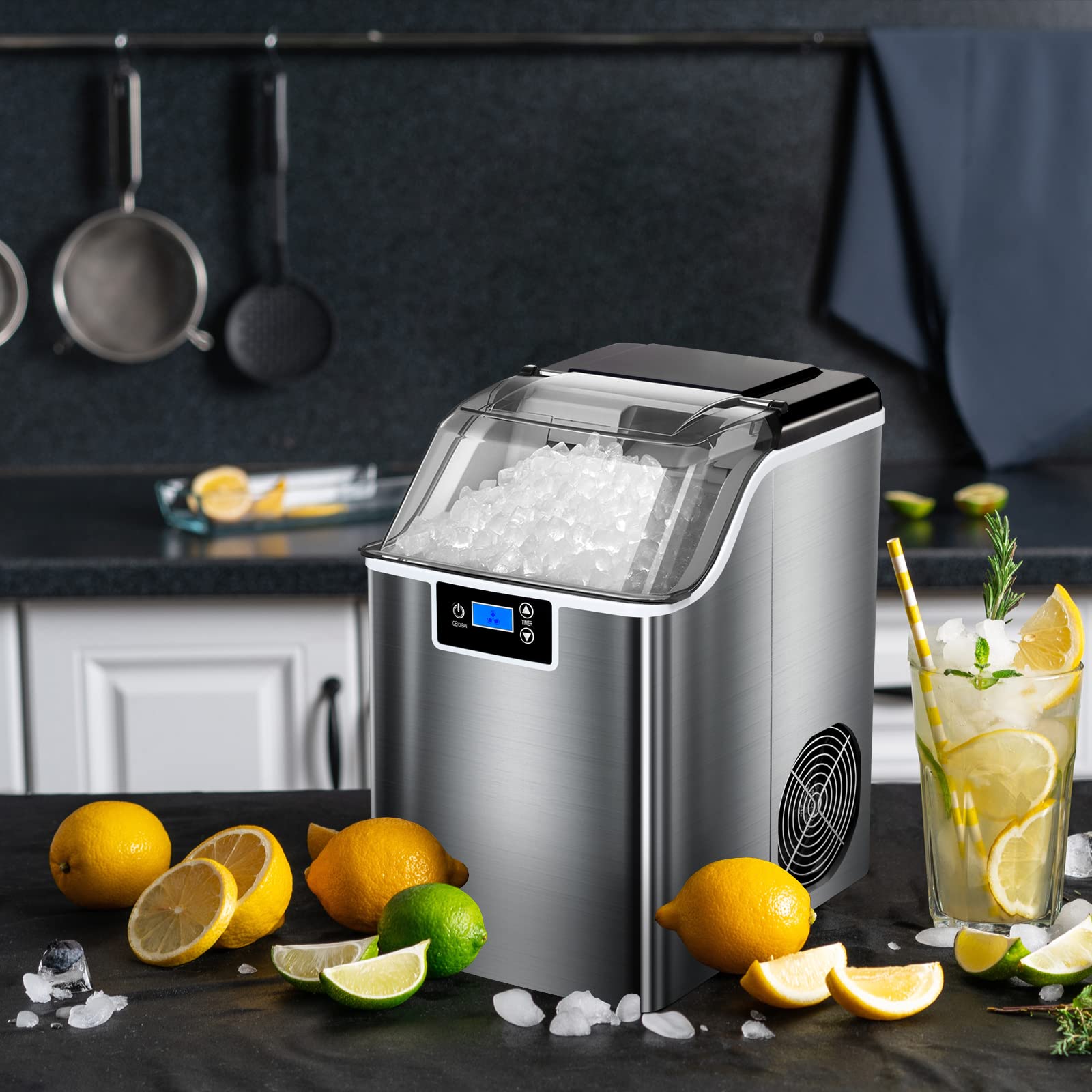 R.W.FLAME Nugget Ice Maker Countertop, Pebble/Pellet Ice Maker,Ice Ready in 10-15 Mins, 44Lbs/24H, Auto Self-Cleaning, with LCD Screen for Home Office Party Bar,Silver
