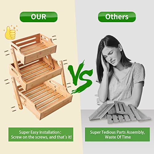 ETECHMART Bamboo Fruit Basket, 2 Tiers Fruit Bowl For Kitchen Counter, Large Capacity Detachable Vegetable Bread Storage Basket Banana Holder Stand