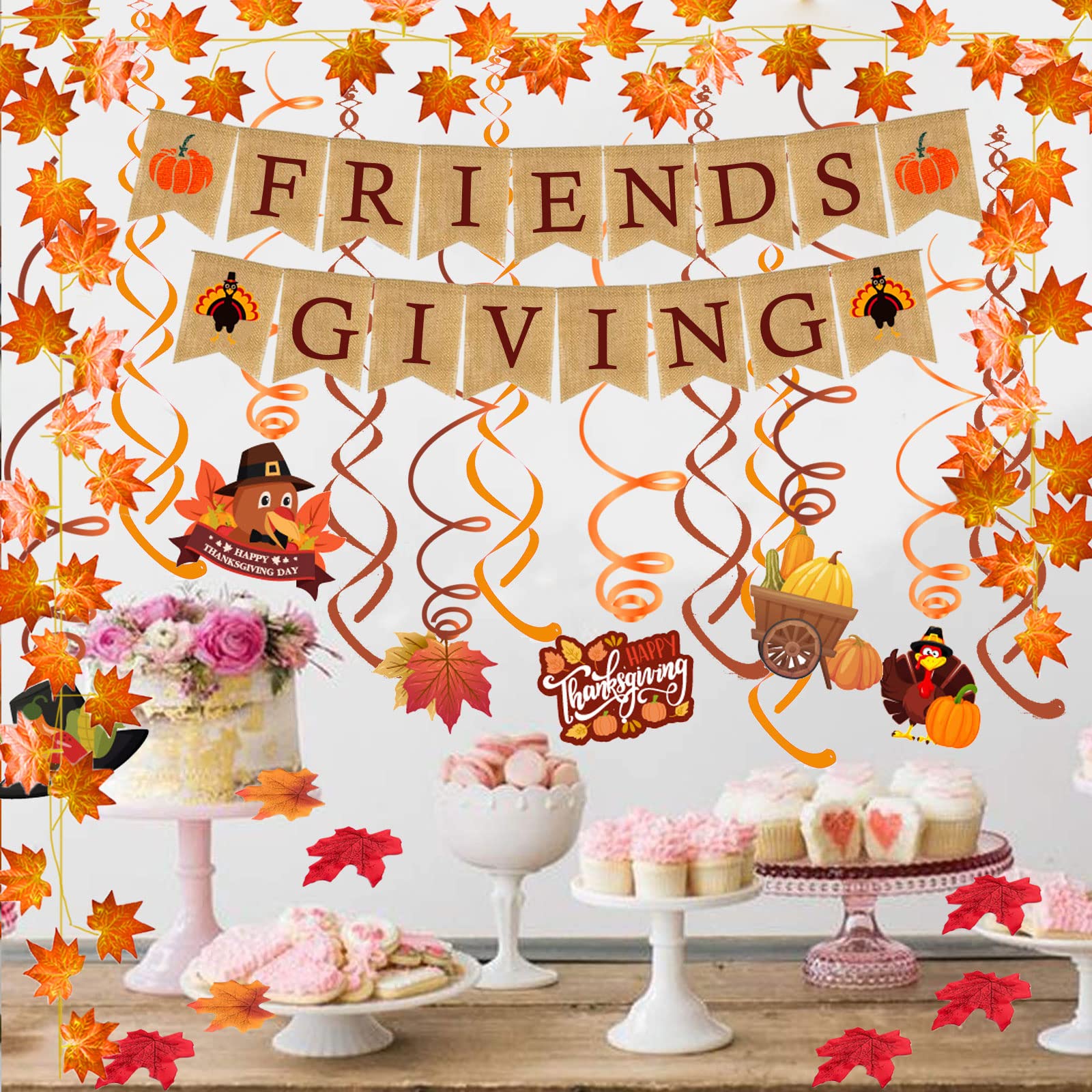 Famoby FRIENDSGIVING Burlap Banner Paper Triangular Bunting Maple leaf Garland Plastic Streamer for Thanksgiving Day Party Decoration